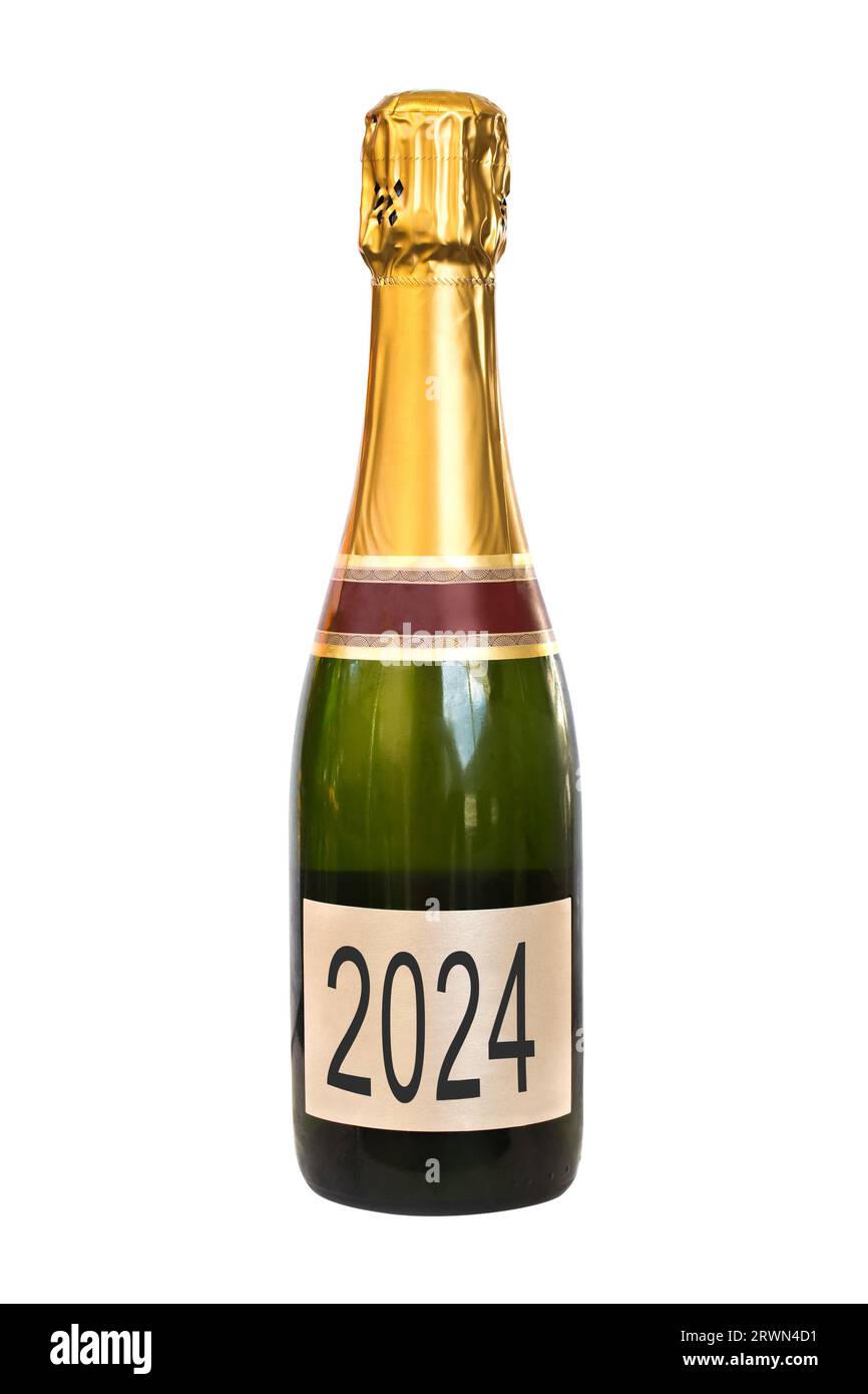 2024 written on a bottle of Champagne isolated on white background, new ...