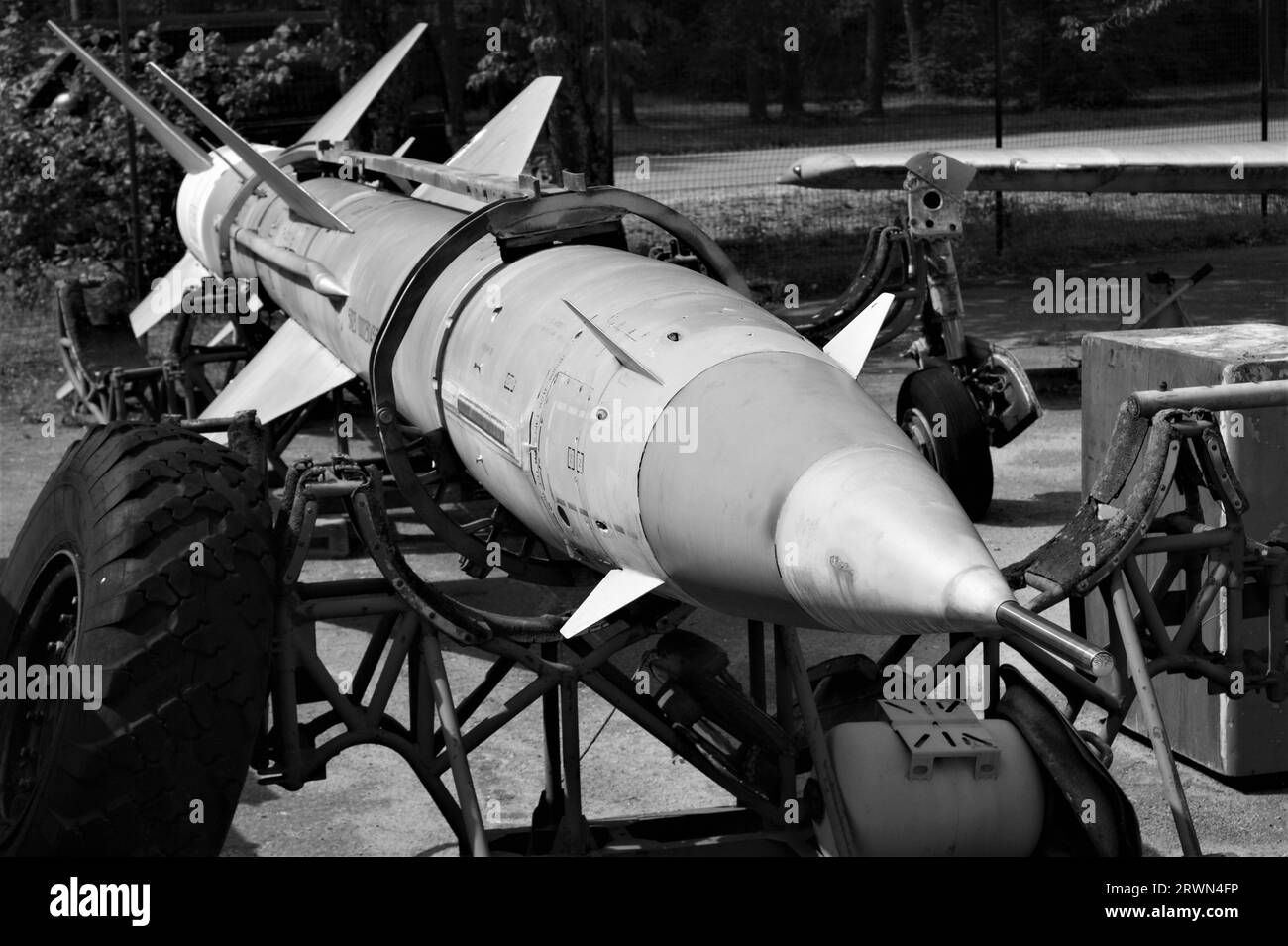 Old rockets of the Soviet Union. Old military equipment. Black and ...