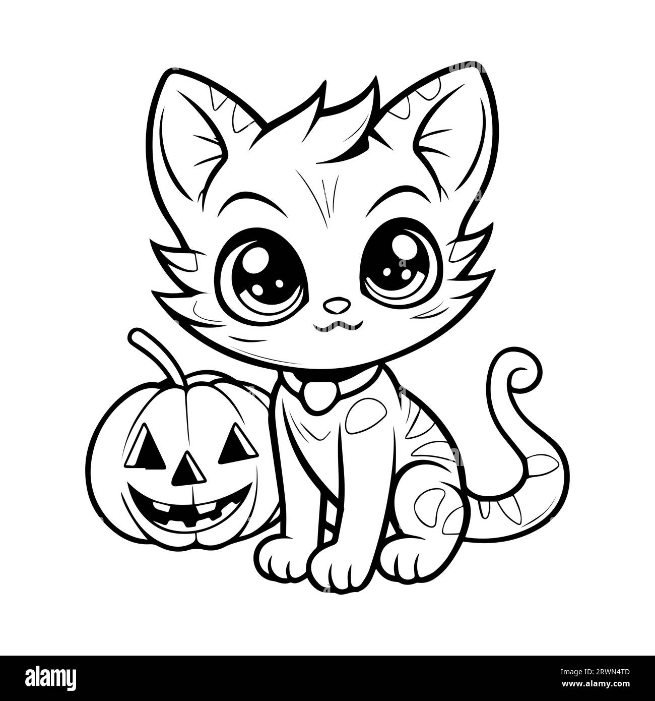 Halloween cat in with halloween pumpkin. Black and white illustration ...