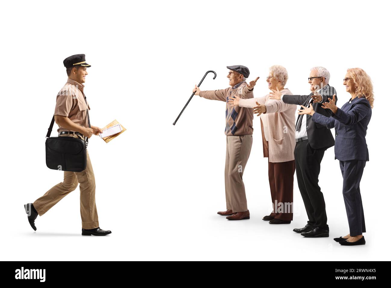 Group of people waiting a mailman isolated on white background Stock ...