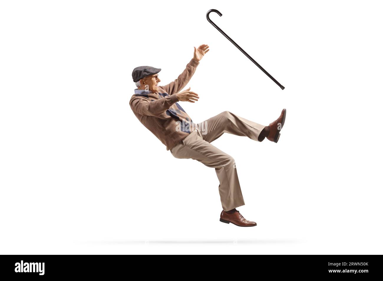 Older man with a walking cane falling isolated on white background ...