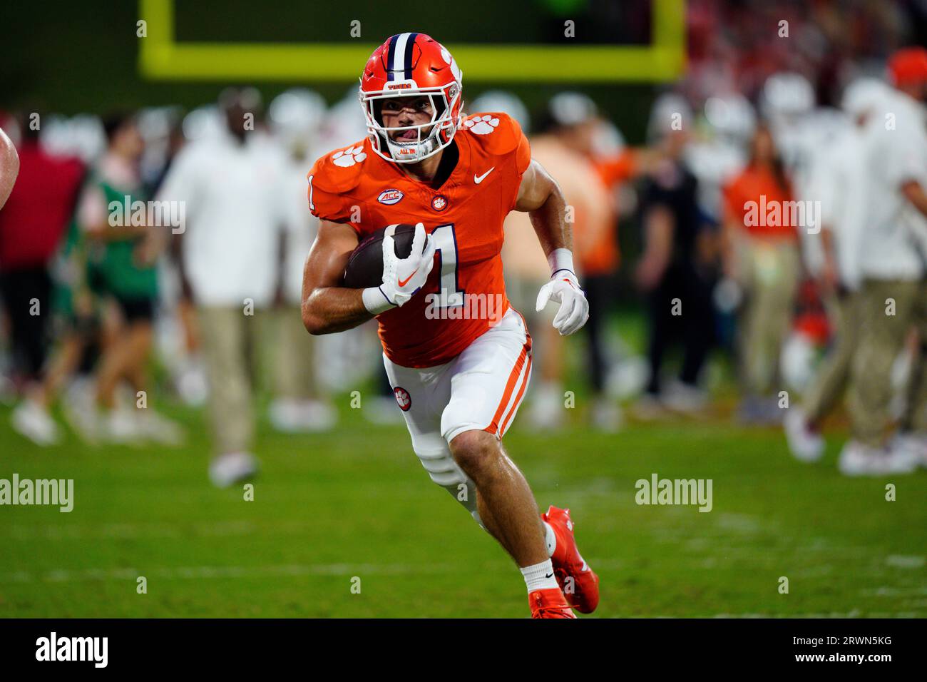Clemson running back Will Shipley (1) warms up before an NCAA college ...