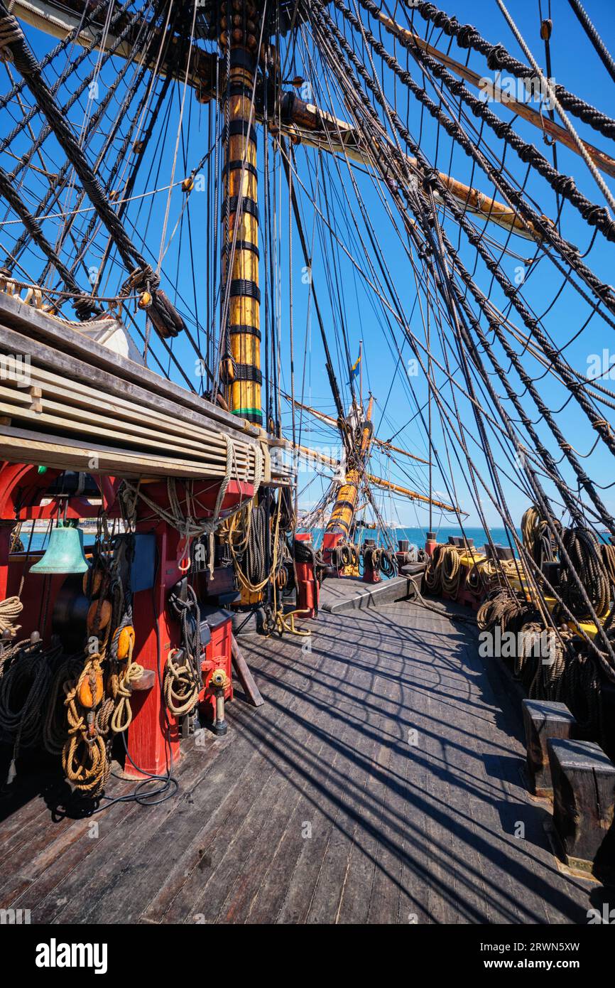 Deck with masts and ropes of wooden Age of sail sailing ship Stock ...