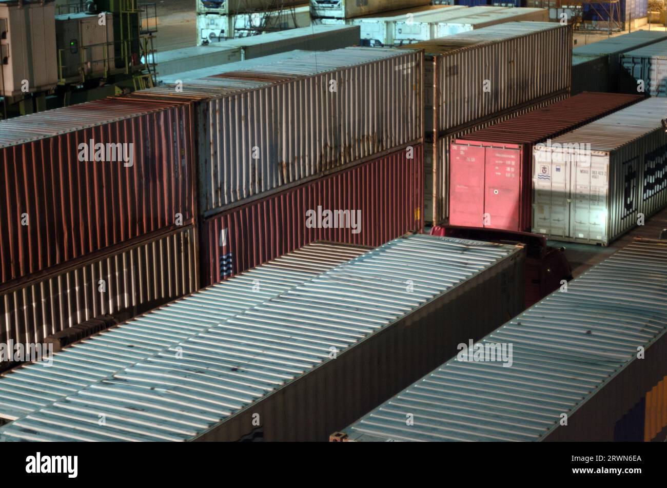Container terminal. Sea port container terminal during work at night in ...