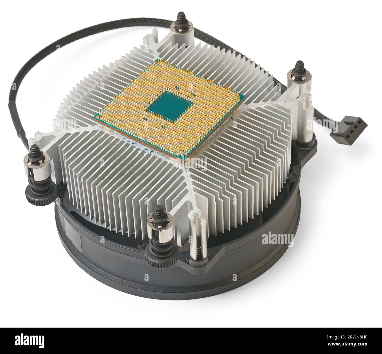 close-up of cpu stuck to cooler heatsink isolated on white background ...