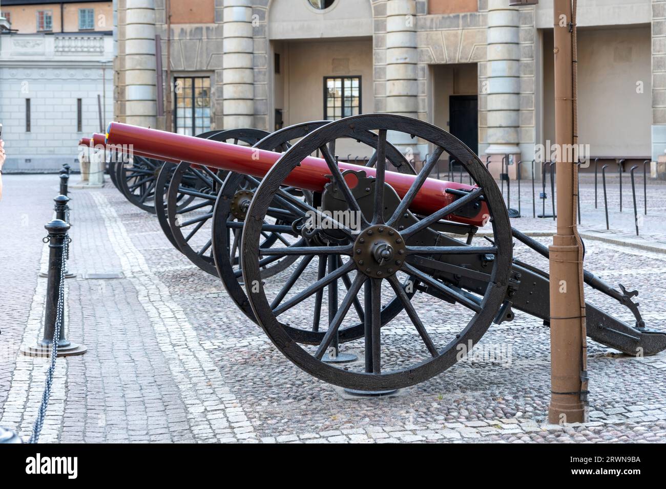 Stockholm Sweden. Three cannon at Royal Palace in Gamla Stan. Old metal ...