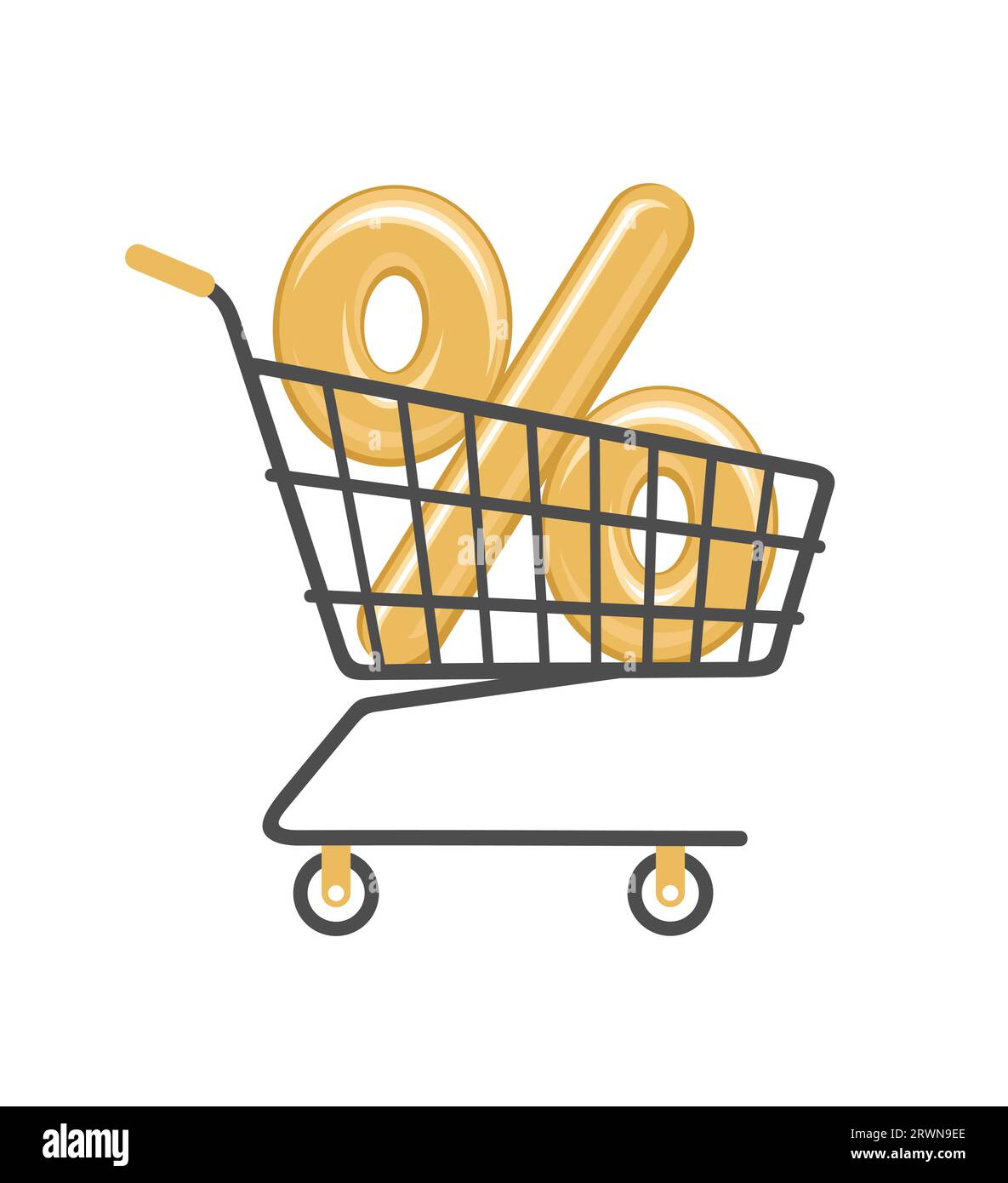 Golden percent sign in shopping cart isolated on white background ...