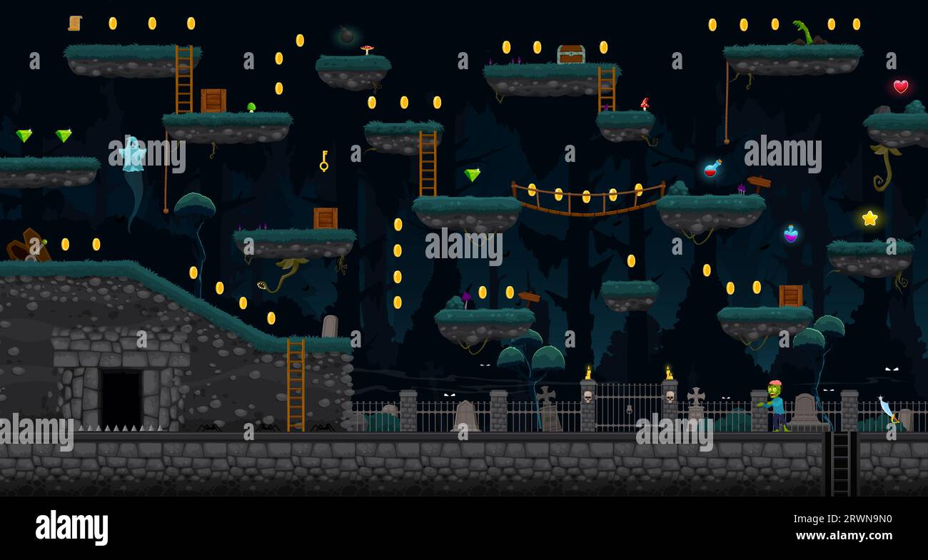 Arcade Halloween cemetery game level map interface. Platform and ghosts ...