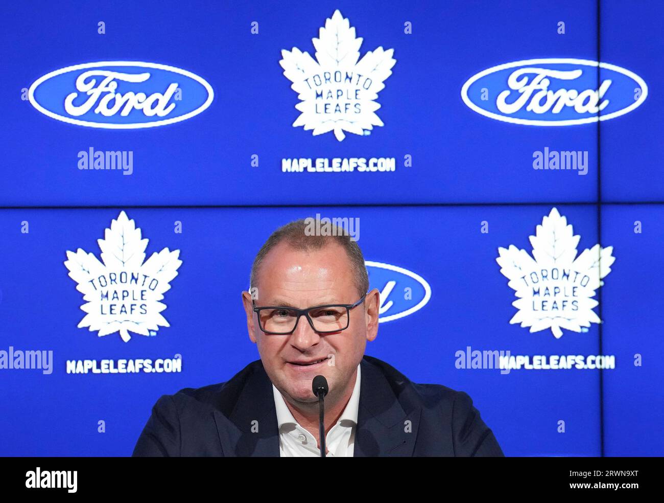 Toronto Maple Leafs general manager Brad Treliving speaks to the media ...