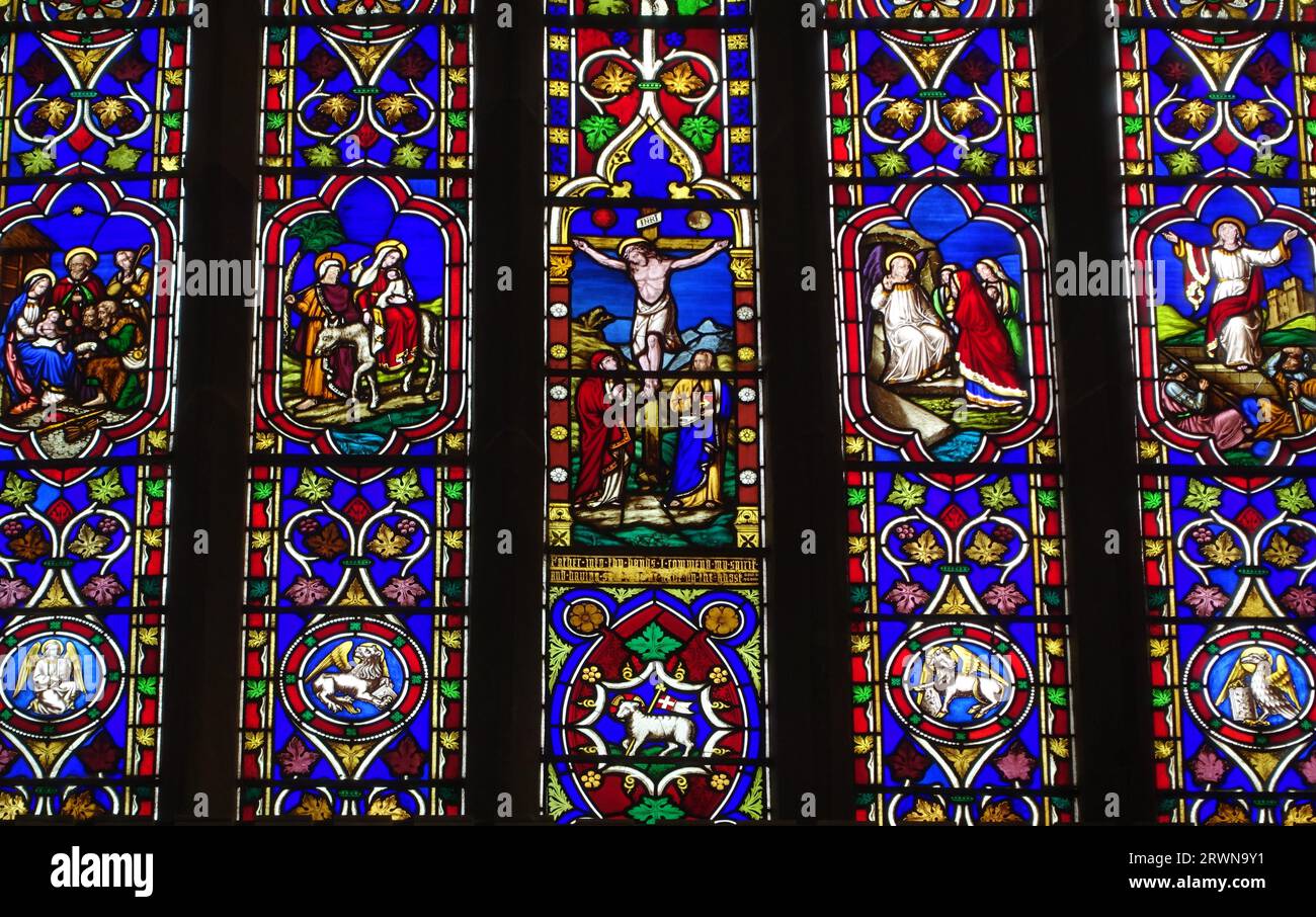 Stained-glass window in Hartington church, Peak District Stock Photo ...