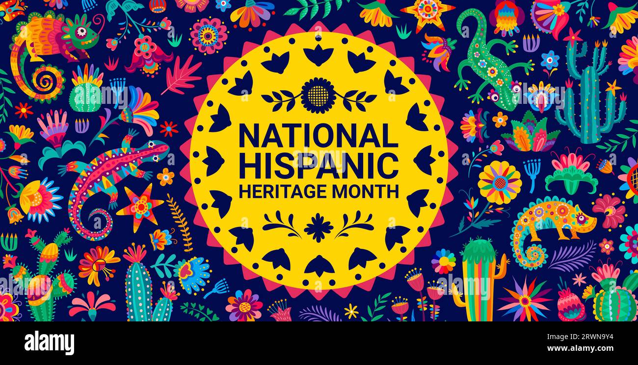 National hispanic heritage month banner with flowers, lizards, cactuses and pinata. Vector ...