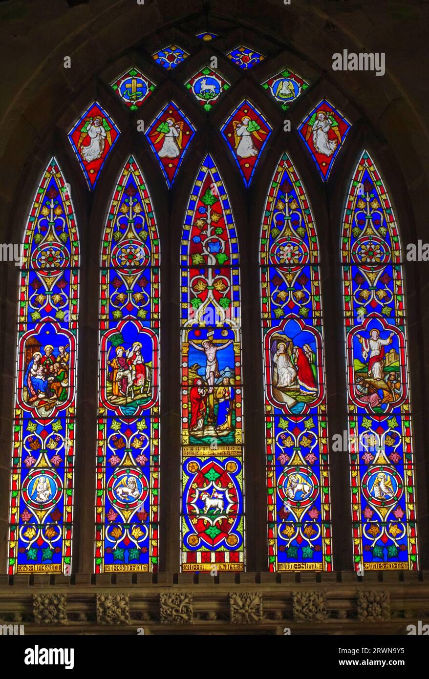 Stained-glass window in Hartington church, Peak District Stock Photo ...