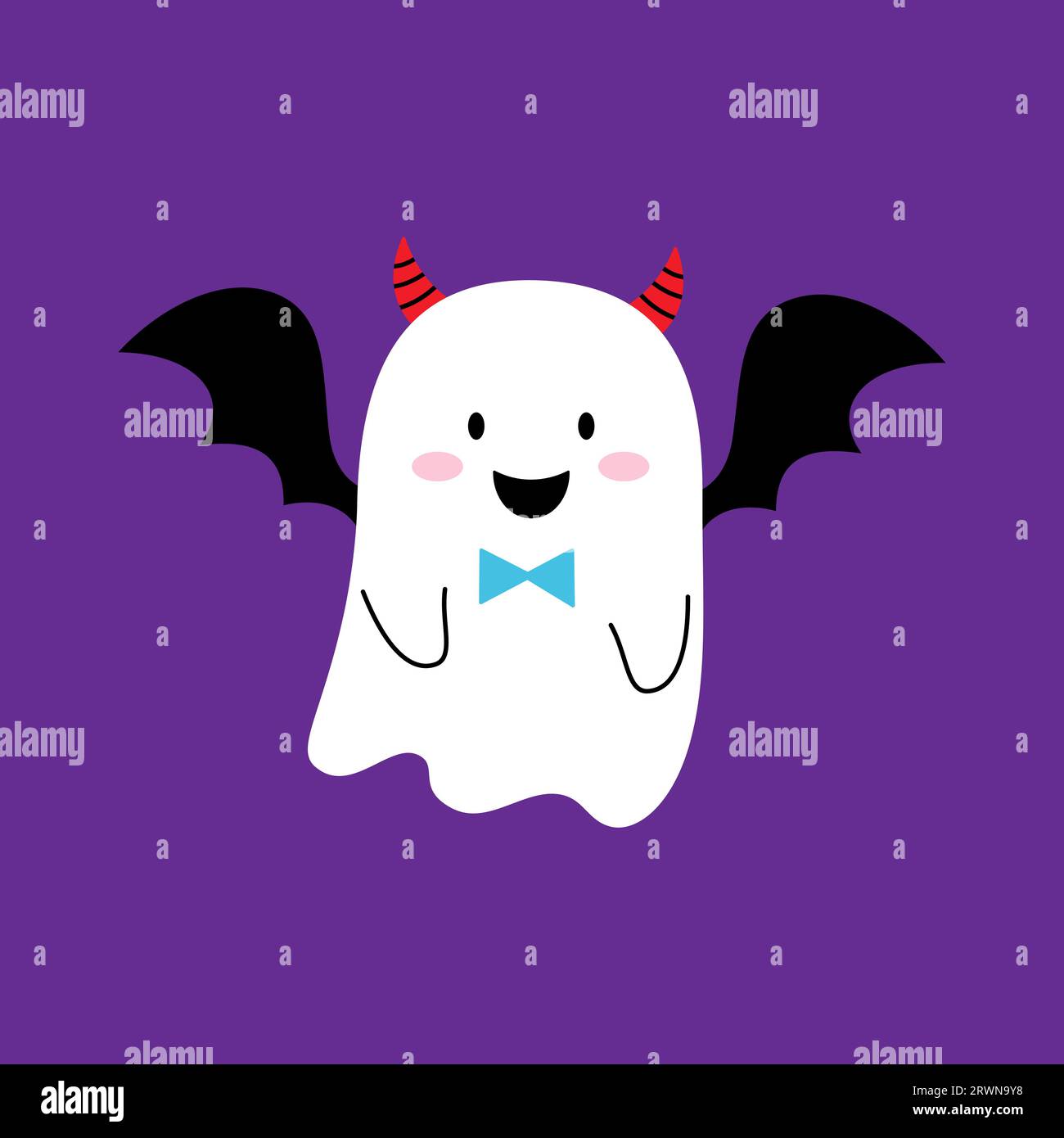 Cartoon Halloween kawaii ghost character dons cute devil horns, wings ...