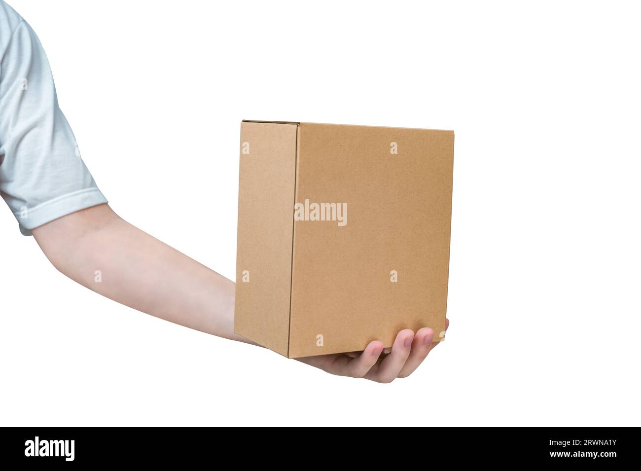 Hand holding parcel box isolated on white background Stock Photo - Alamy