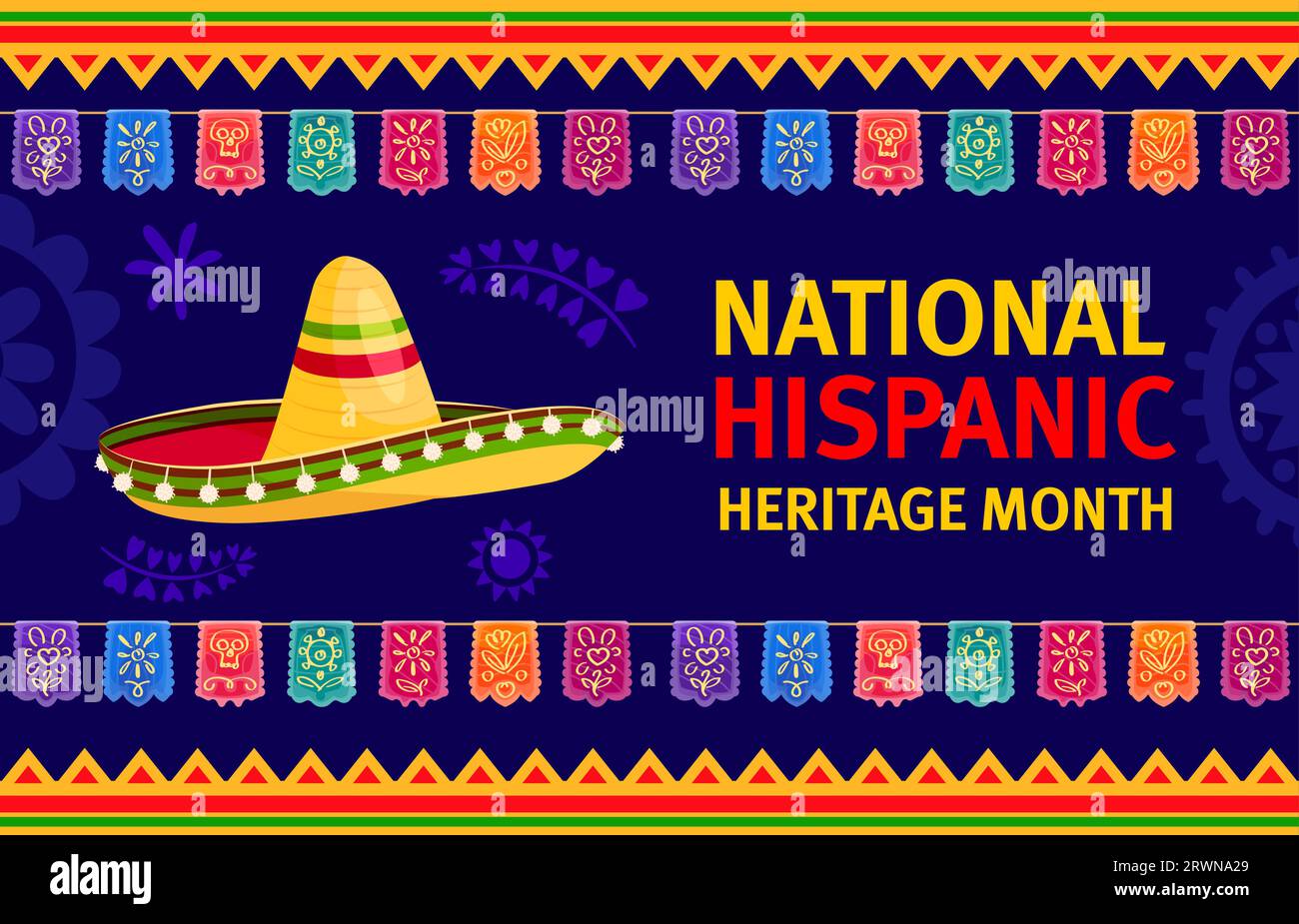 National hispanic heritage month festival banner with papel picado paper cut flags and sombrero ...
