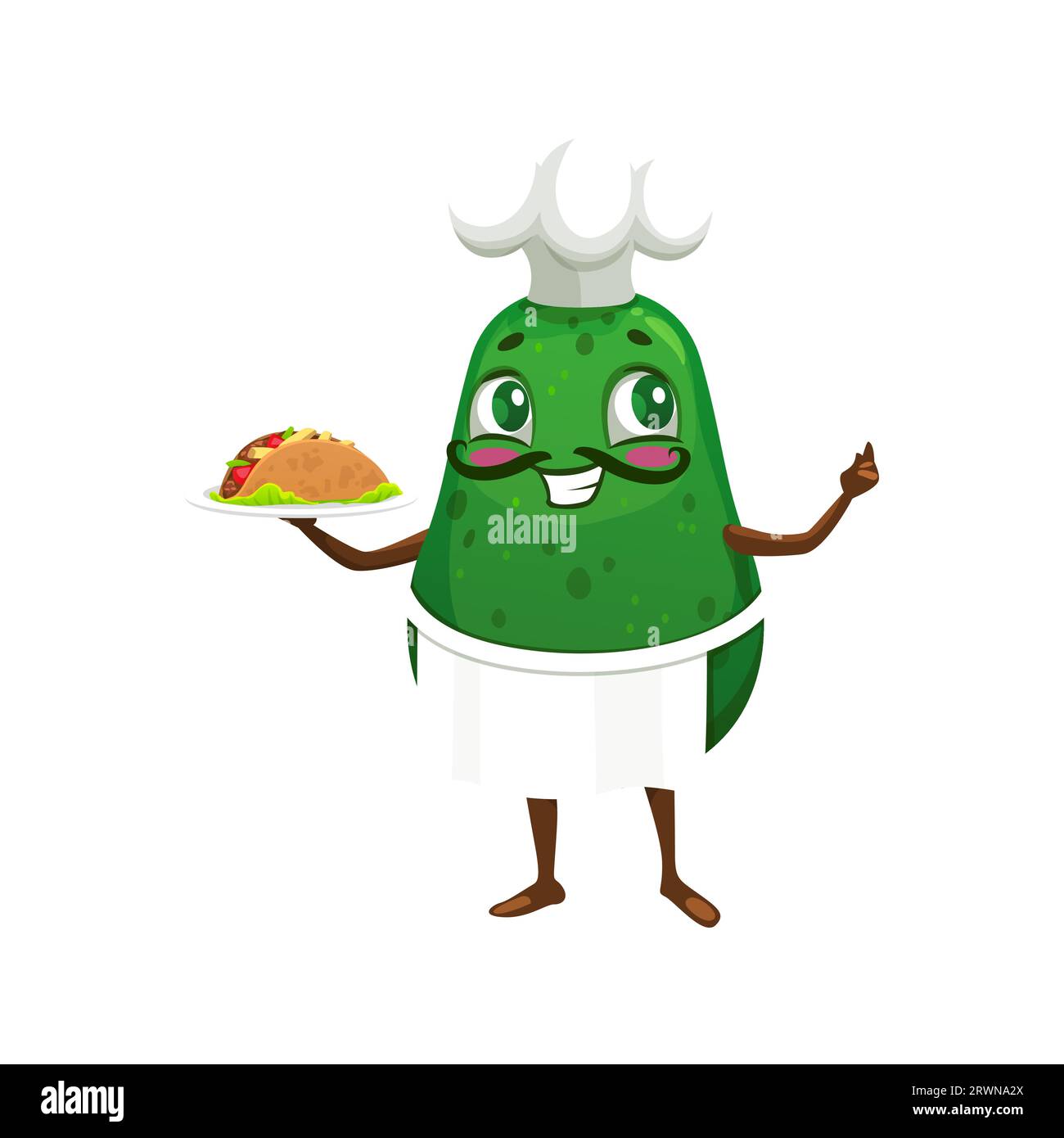 Cartoon Mexican avocado chef character with taco for cuisine menu ...