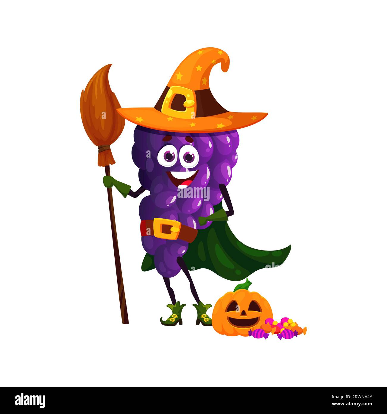 Cartoon funny halloween grapes fruit character in holiday witch costume ...