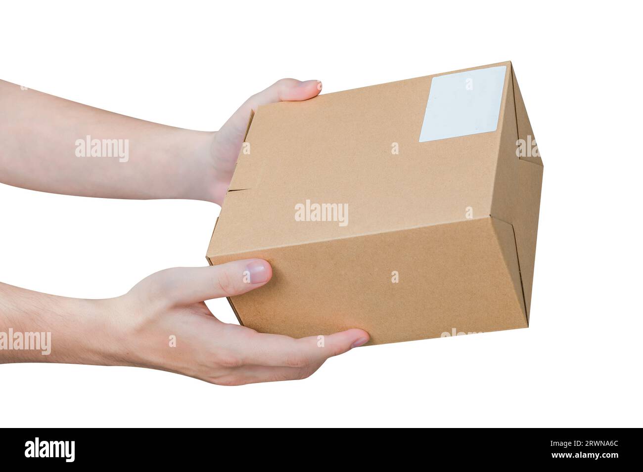 Hand holding parcel box isolated on white background Stock Photo - Alamy