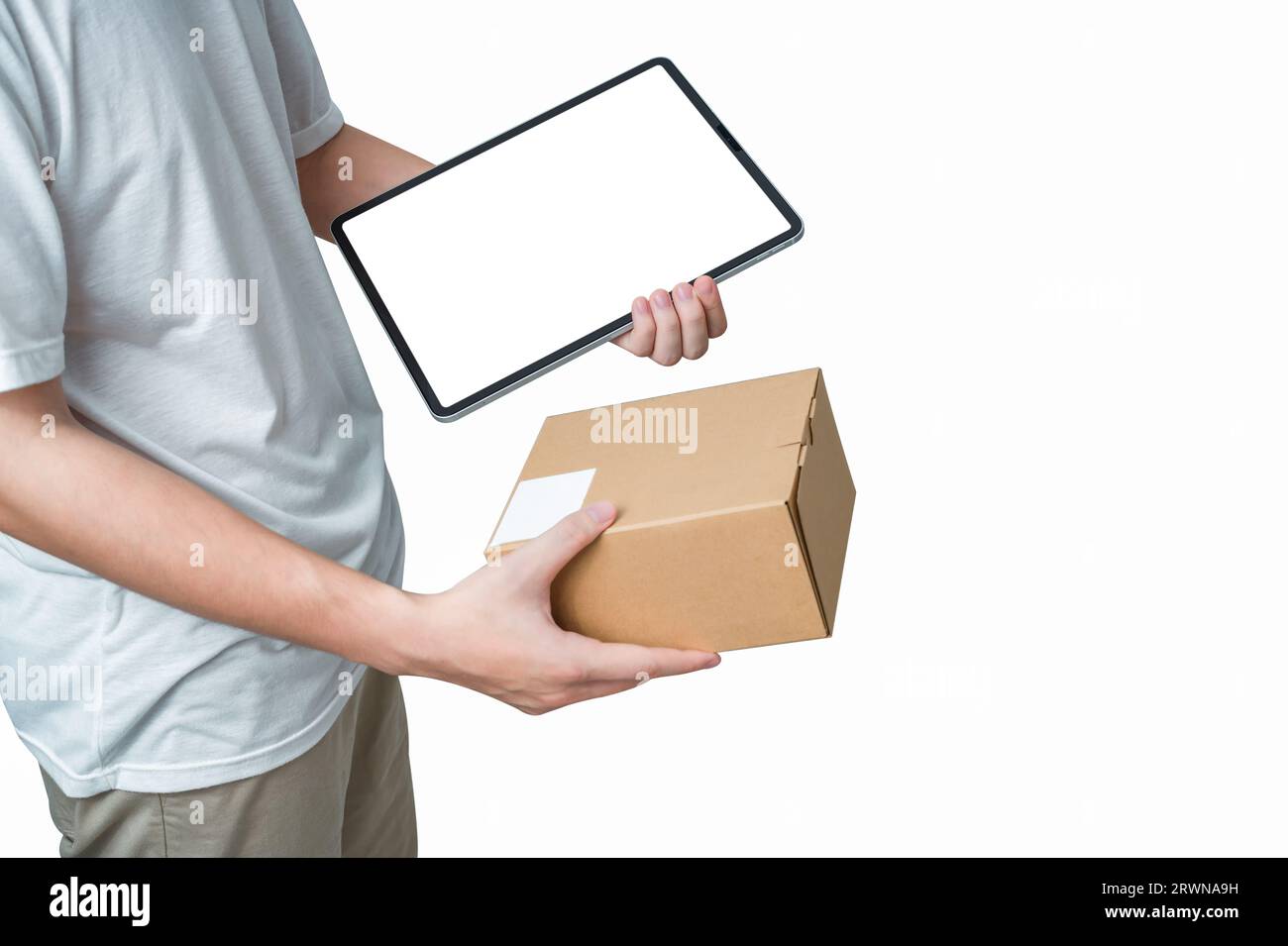 Hand using the tablet and holding the parcel box isolated on white ...