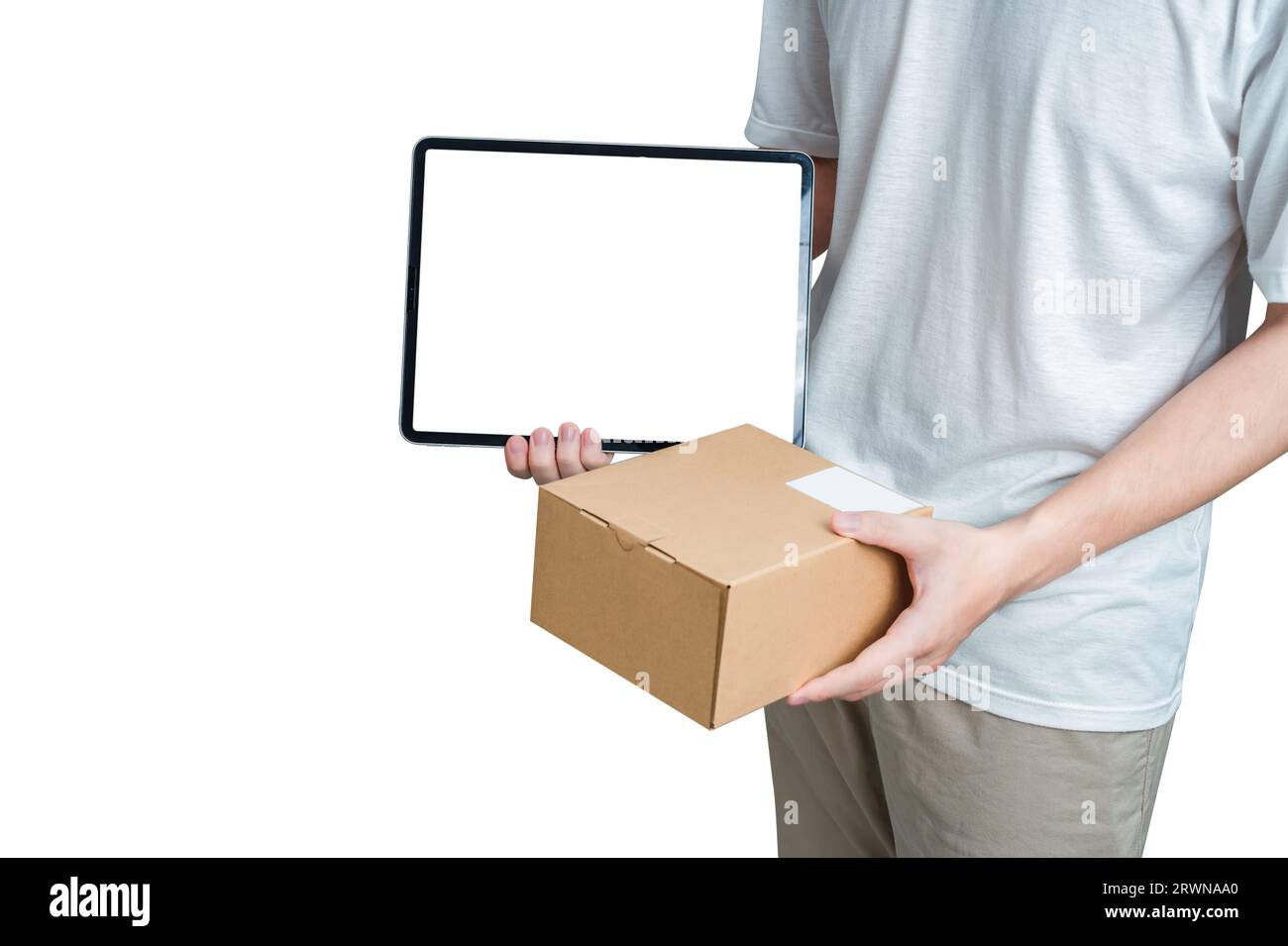 Hand using the tablet and holding the parcel box isolated on white ...