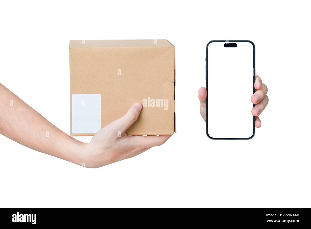 Hand showing the smartphone and holding the parcel box isolated on ...