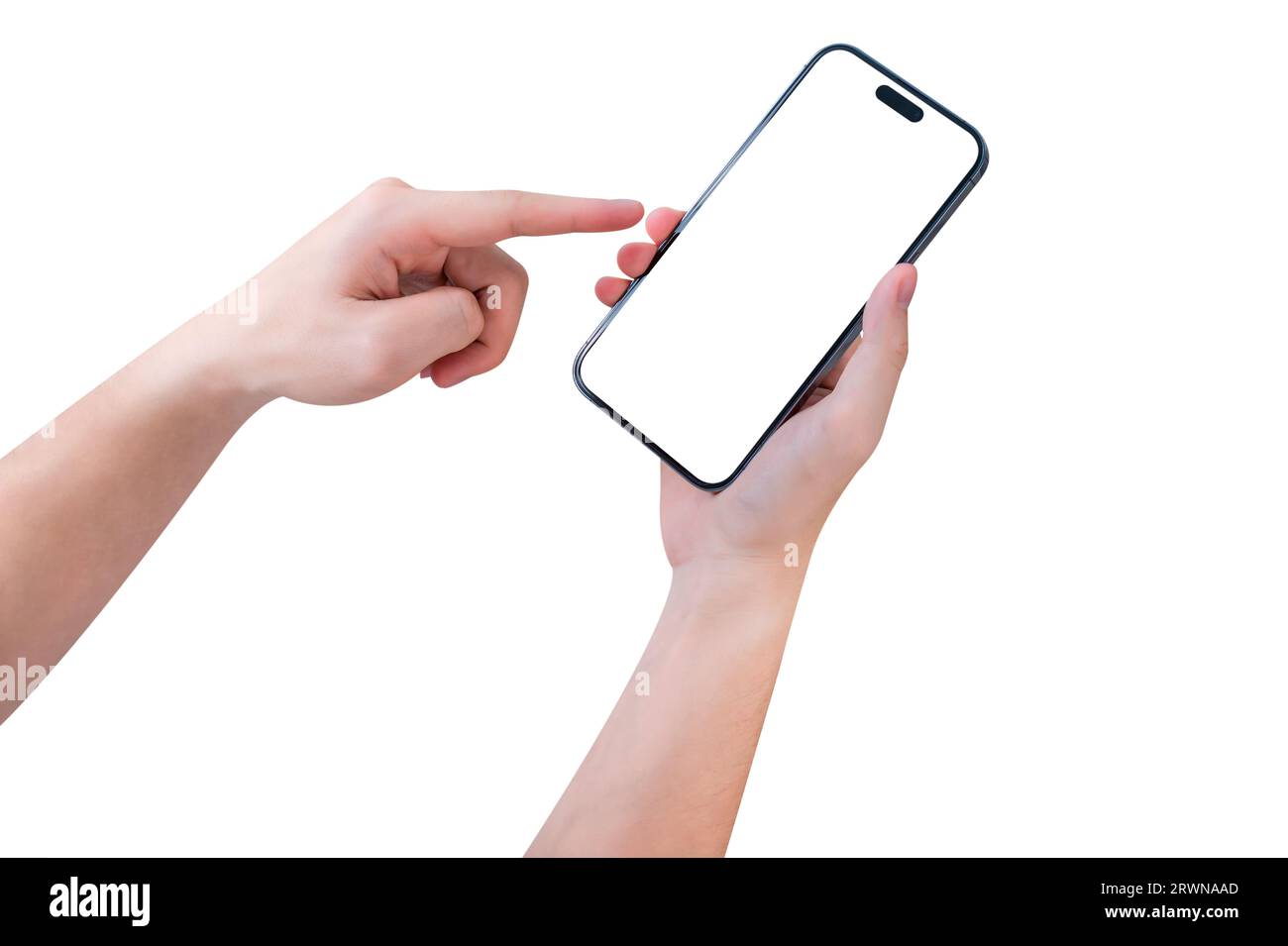 Hand using smartphone with blank screen isolated on white background ...