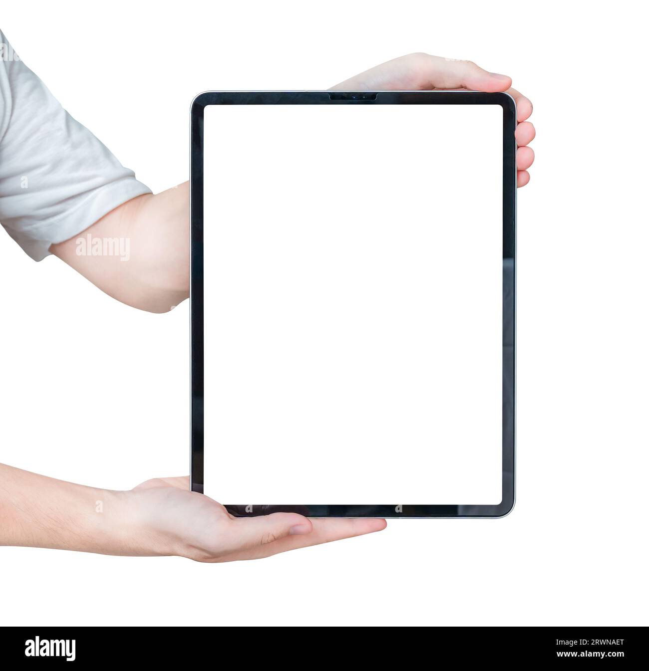 Hand showing tablet with blank screen isolated on white background ...