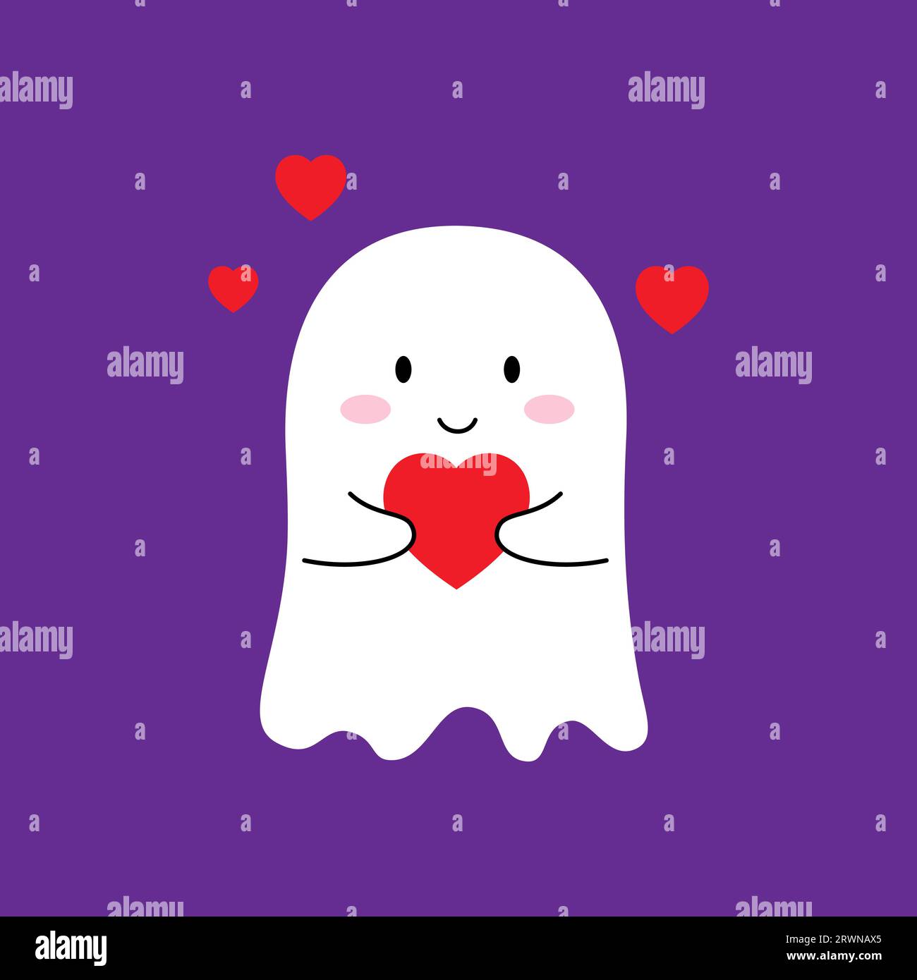 Cartoon Halloween kawaii ghost character clutching a heart. Isolated ...