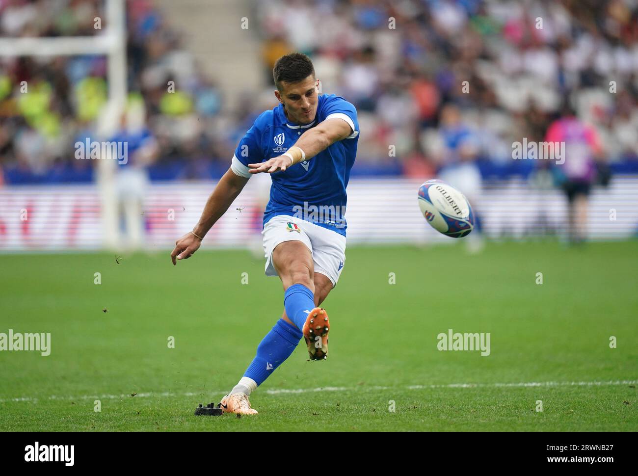 Italy's Tommaso Allan scores a conversion during the Rugby World Cup ...