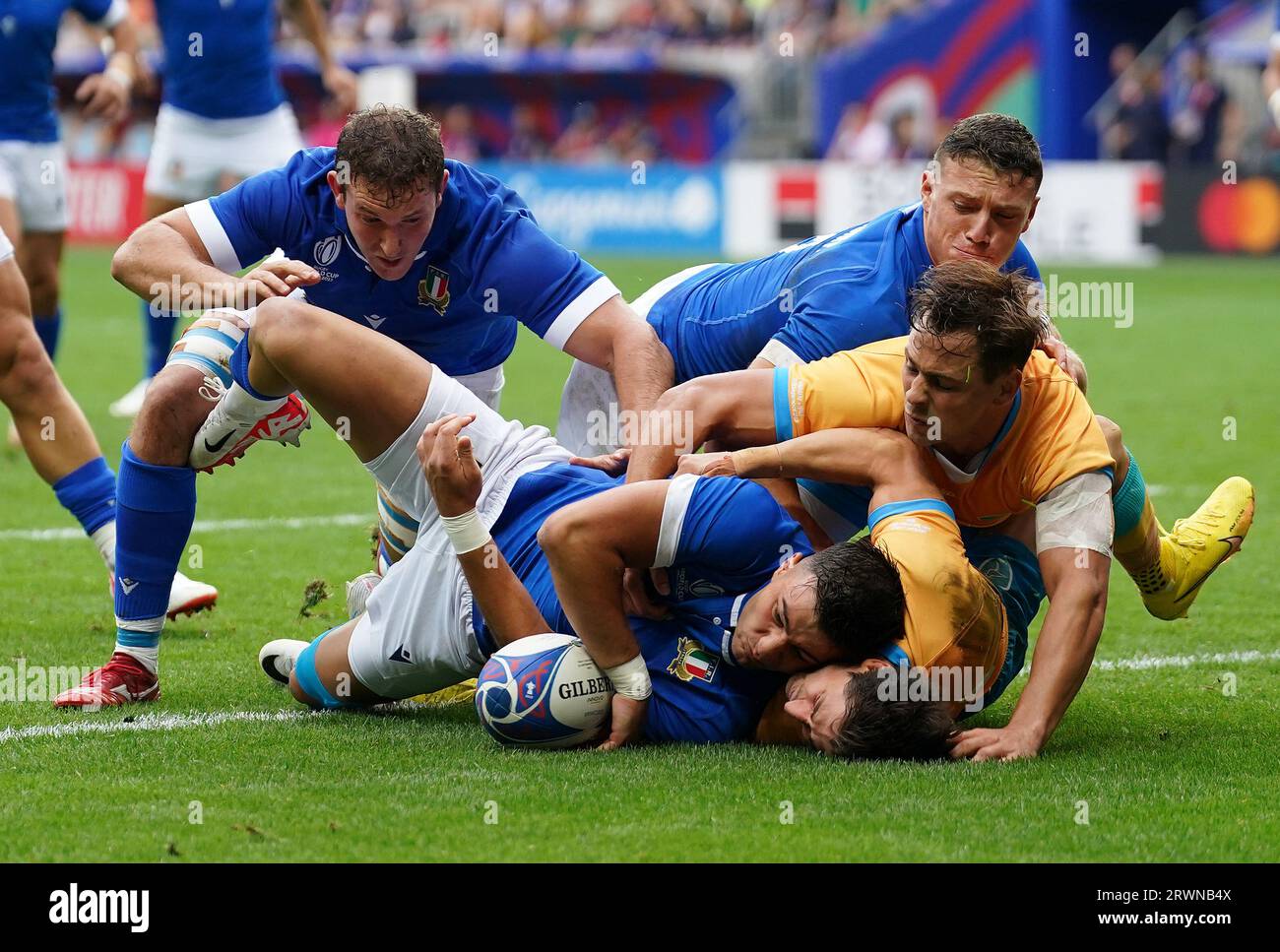 Italy's Lorenzo Pani scores their side's first try during the Rugby ...