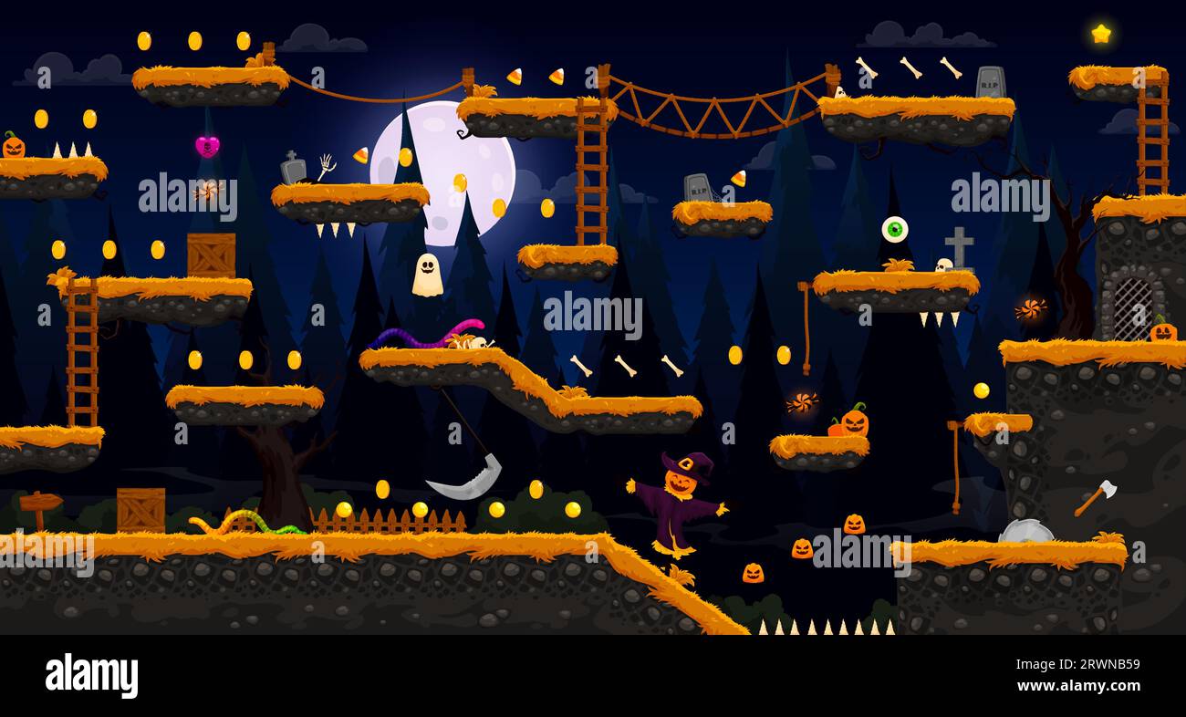 Arcade Halloween midnight horror game level map interface. Platform ...
