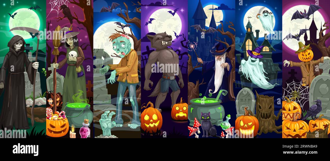 Cartoon Halloween holiday scary monster characters, pumpkin and witch ...