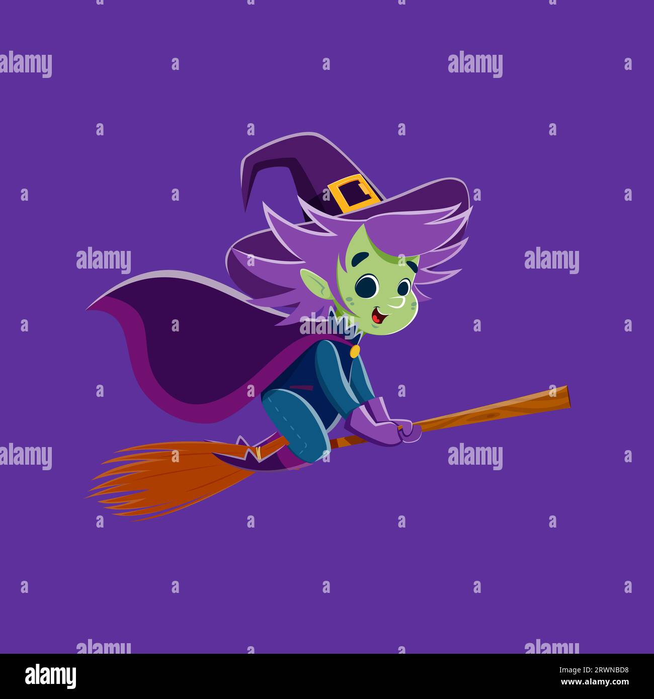 Halloween witch character soars astride her broomstick, casting spells ...