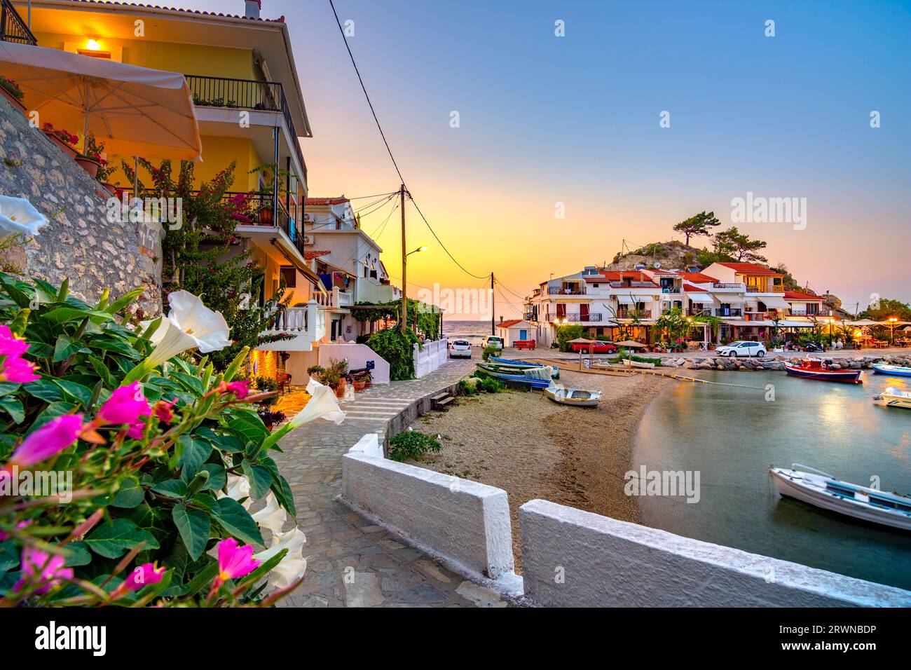 View of Kokkari fishing village with beautiful beach, Samos island ...