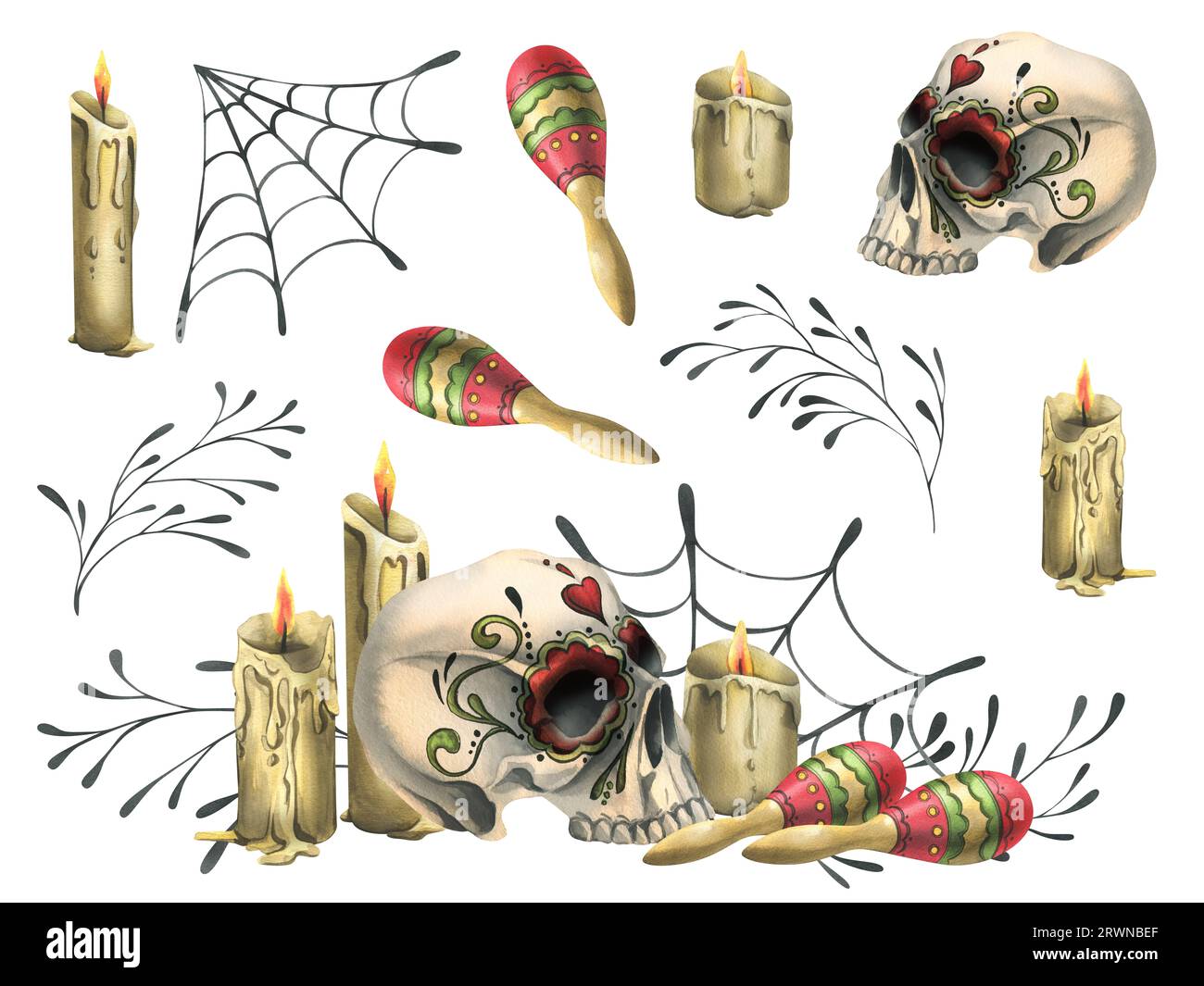 Human skull with an ornament, candles cobwebs and maracas. Hand drawn ...