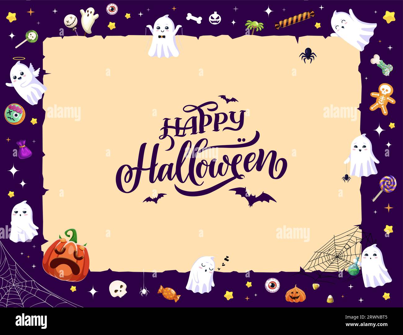 Cartoon kawaii Halloween ghosts around holiday greeting paper scroll ...