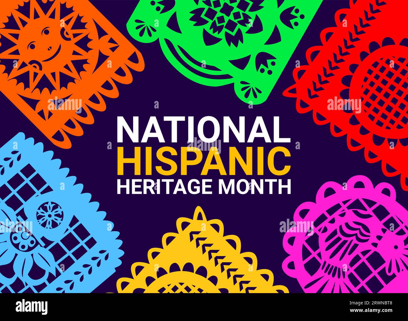 Papel picado paper cut flags on national hispanic heritage month banner. Vector background ...