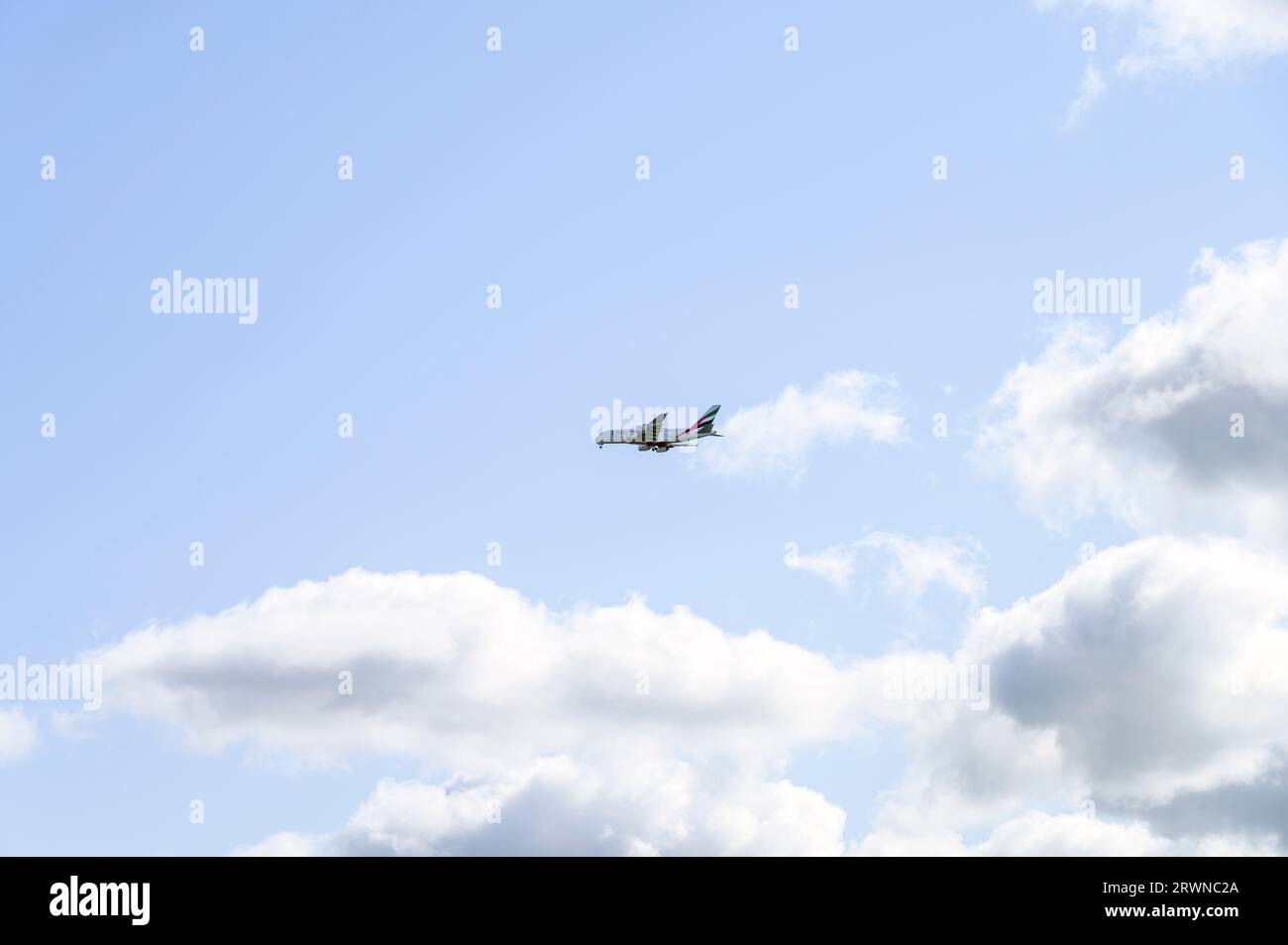 Emirates A380 plane flying overhead, Glasgow, Scotland, UK, Europe ...
