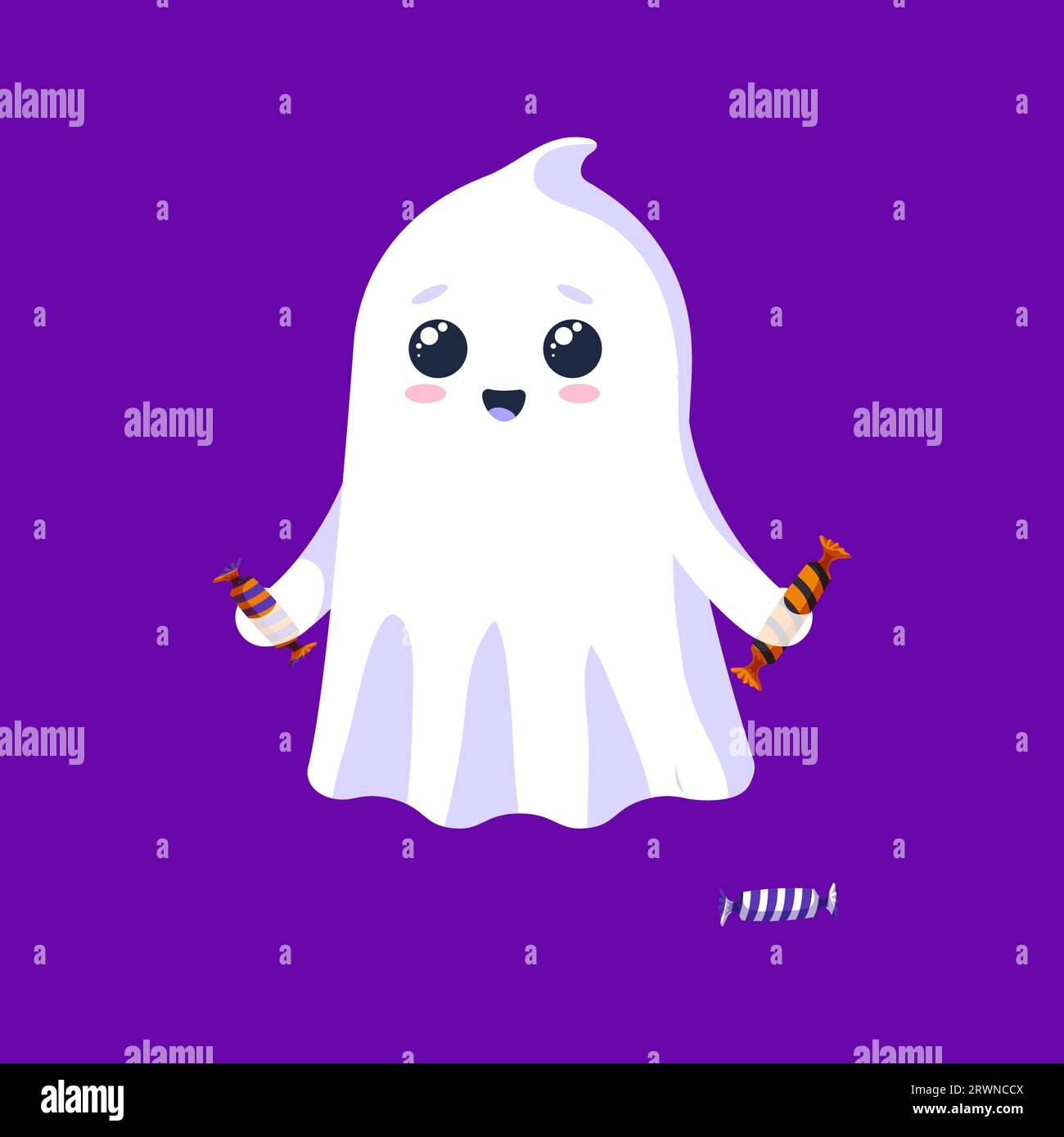 Cartoon Halloween kawaii ghost character holding candies. Isolated ...