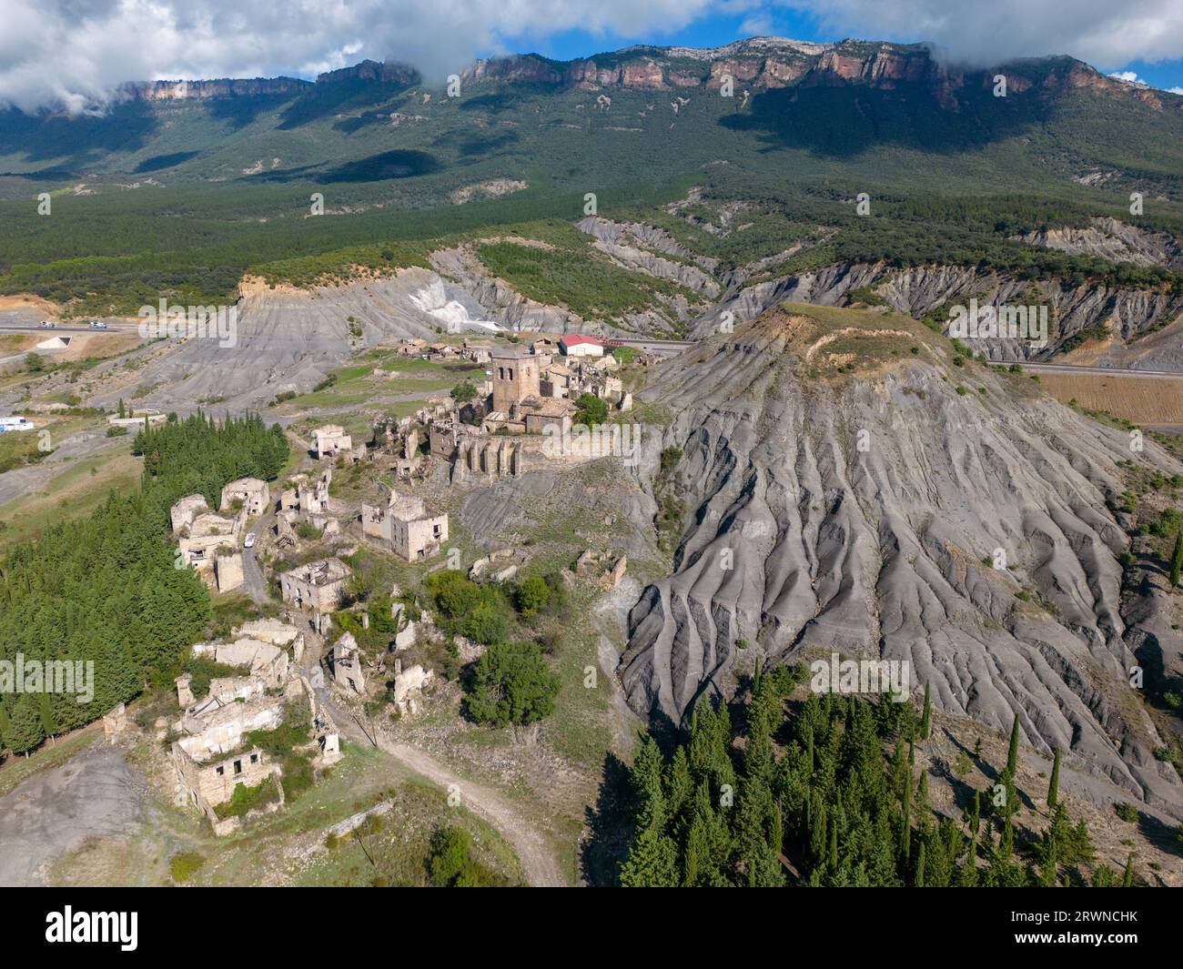 Aerial drone photo of the abandoned ghost town named Esco. Esco is ...