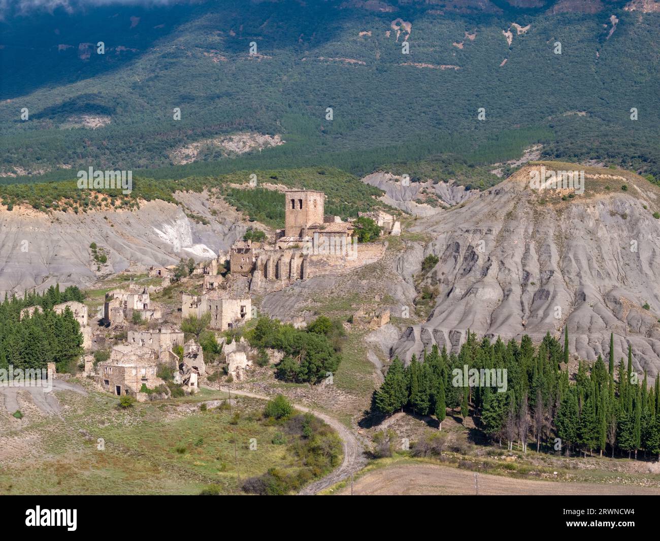 Aerial drone photo of the abandoned ghost town named Esco. Esco is ...
