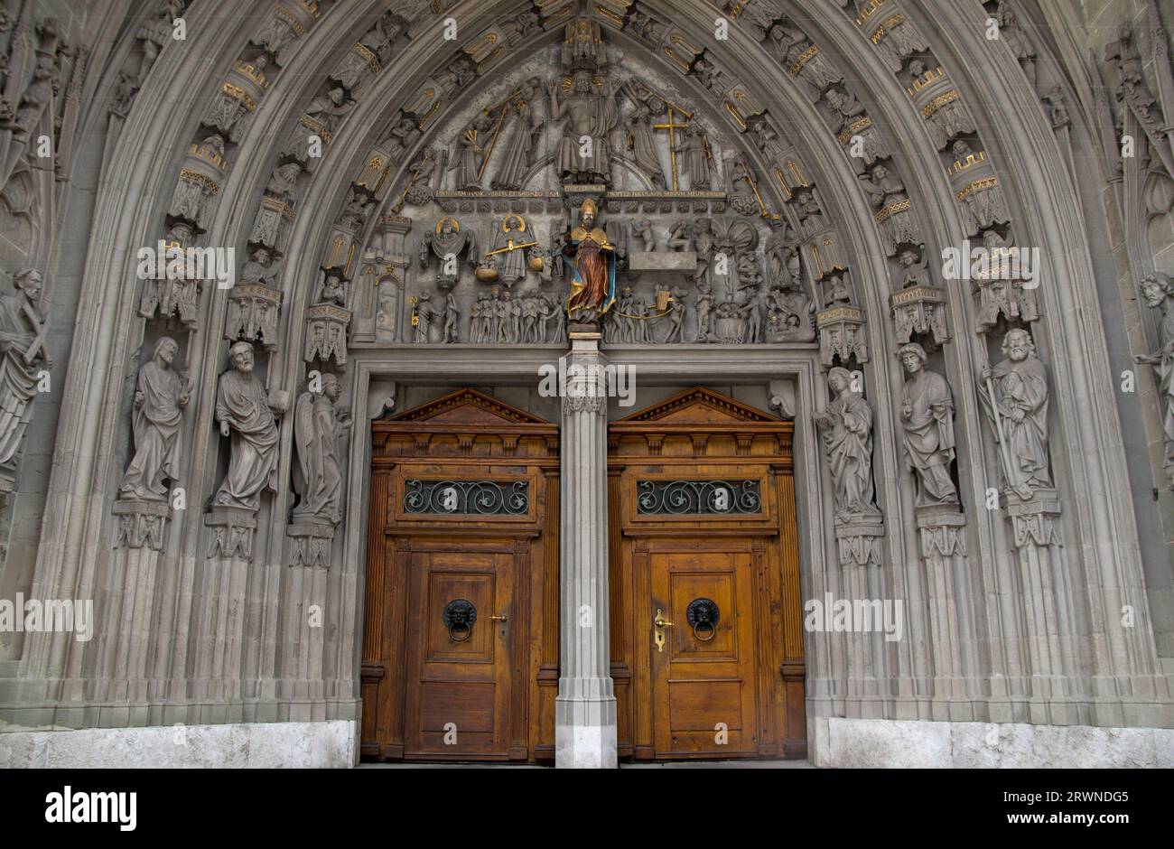 FRIBOURG, SWITZERLAND view of the Saint Nicolas Gothic Cathedral ...