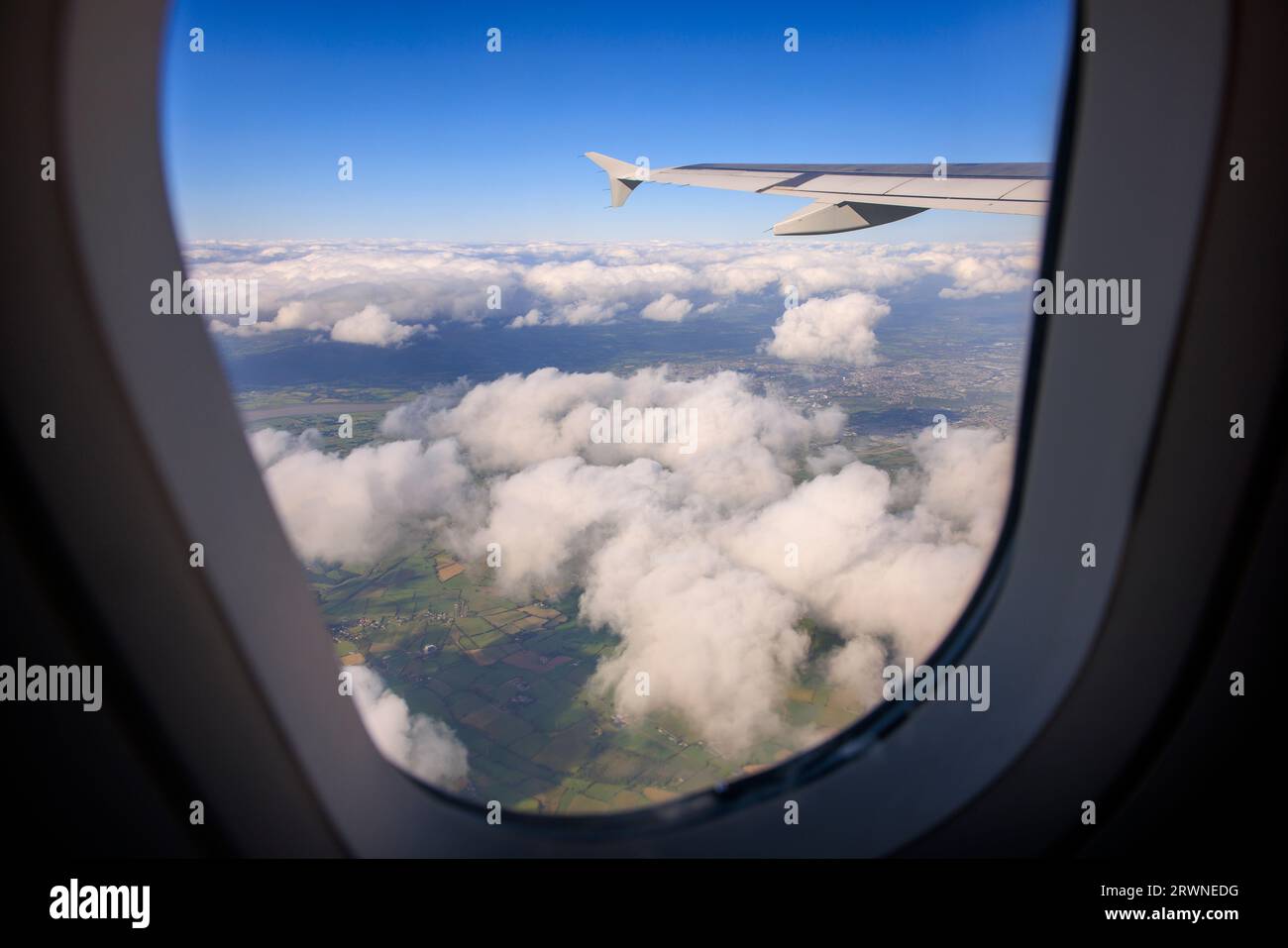 A view out of a plane window taking off from Shannon Airport in County ...