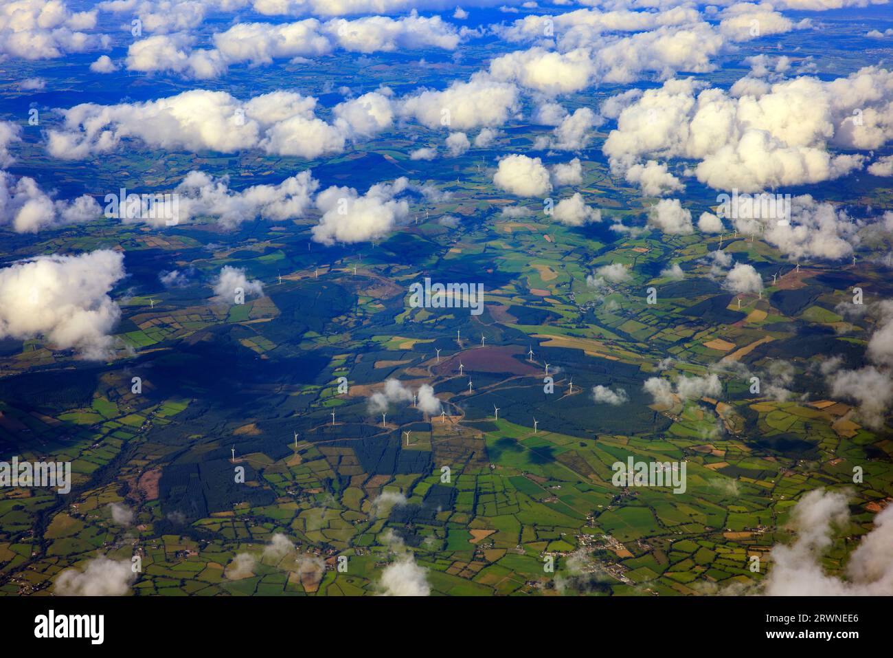 An Irish wind farm seen out of a plane window taking off from Shannon ...