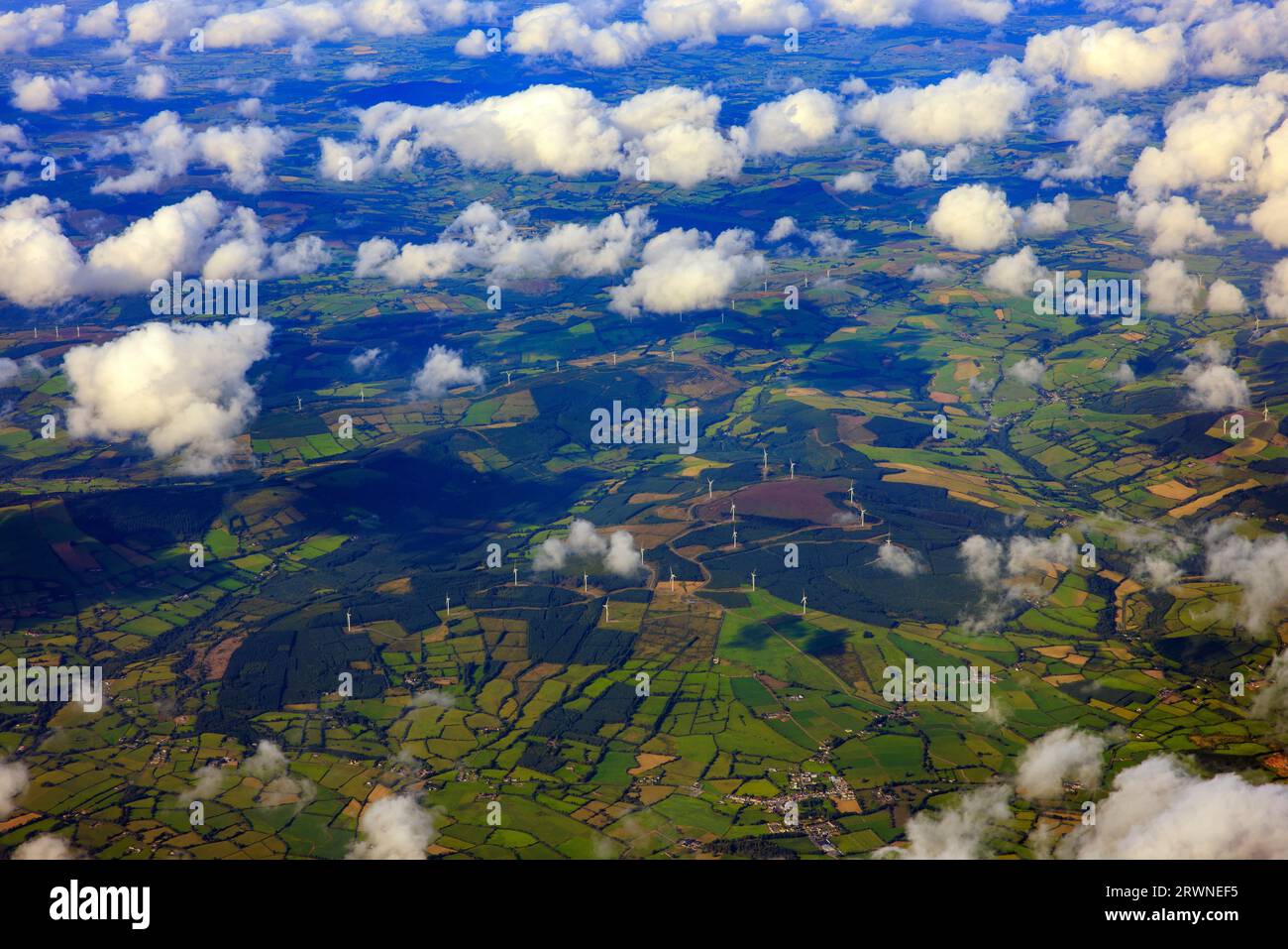 An Irish wind farm seen out of a plane window taking off from Shannon ...