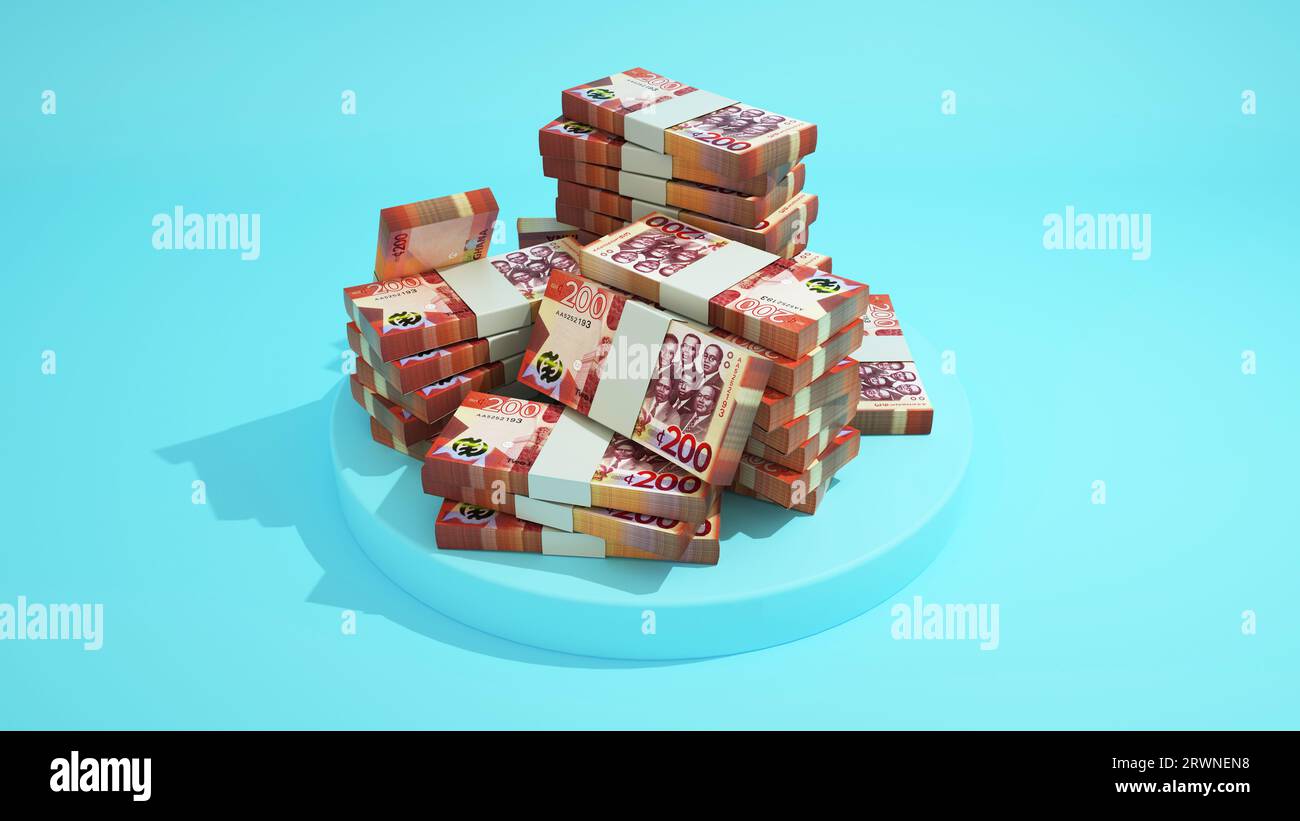 Stacks of 200 Ghanaian cedi notes on top of pedestal. money on blue ...