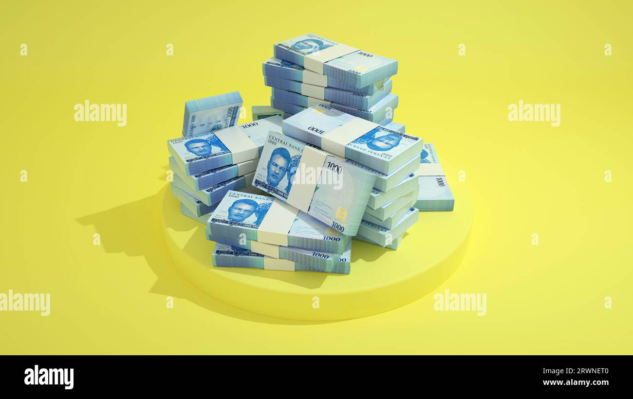 Stacks of 1000 Nigerian naira notes on top of pedestal. money on yellow ...