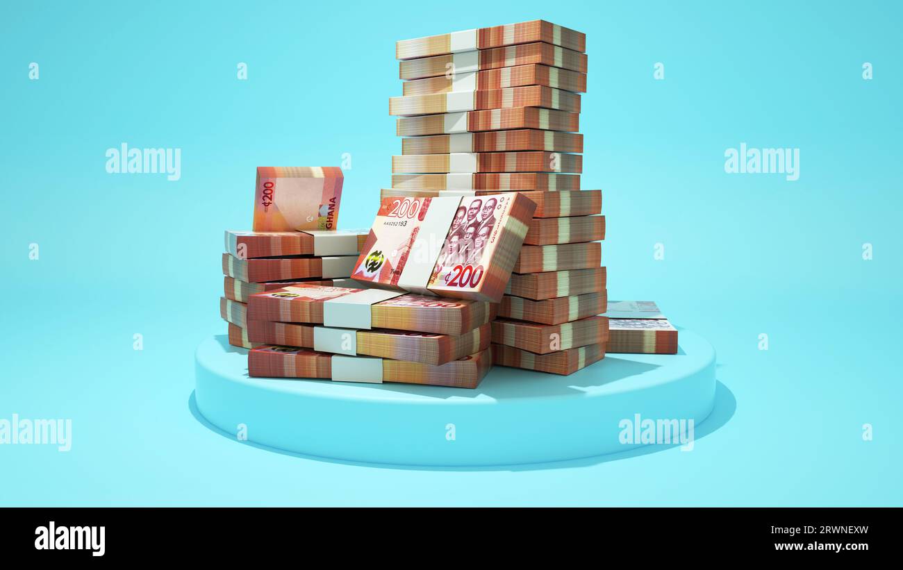 Stacks of 200 Ghanaian cedi notes on top of pedestal. money on blue ...