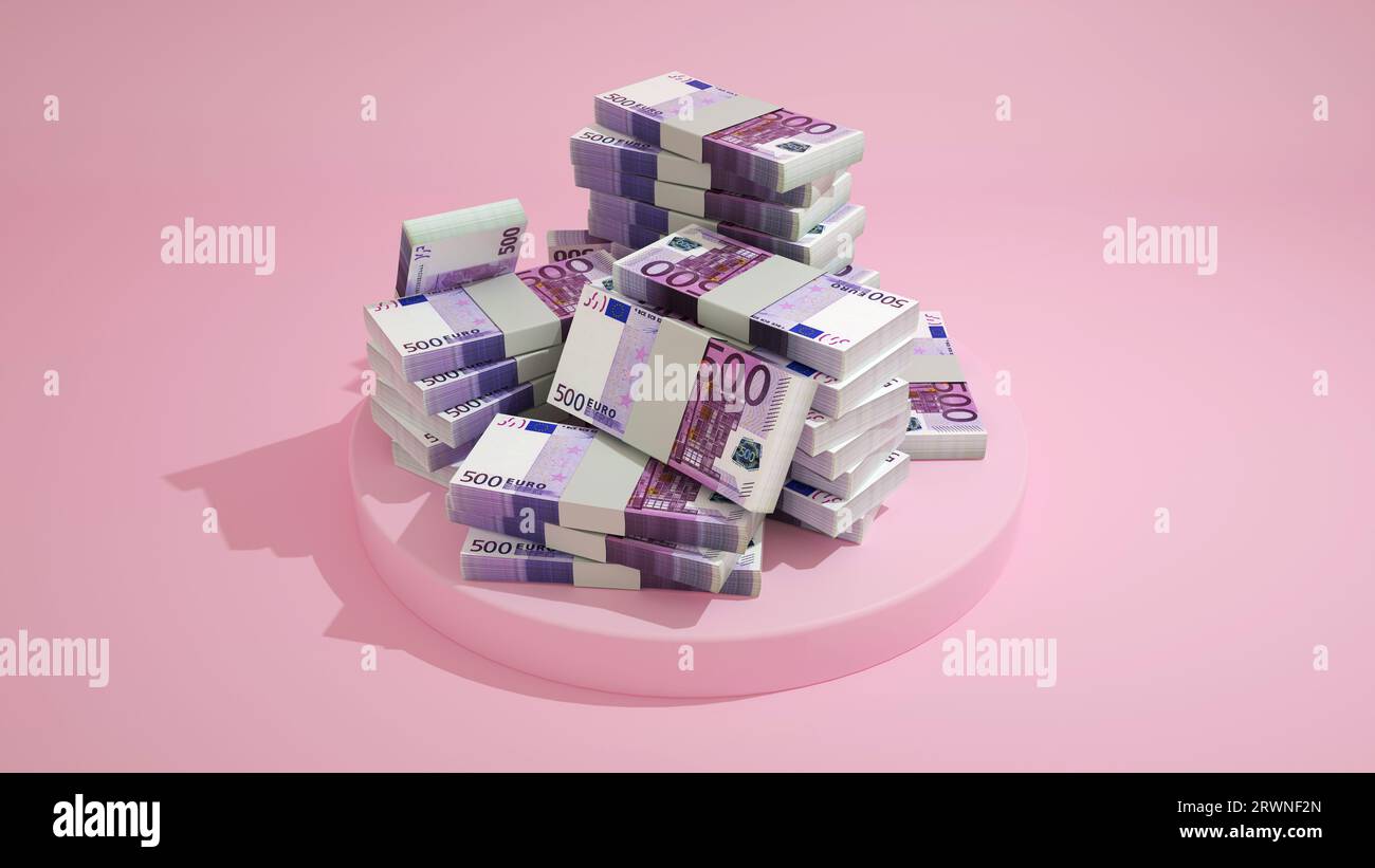 Stacks of 500 Euro notes on top of pedestal. money on pink background ...