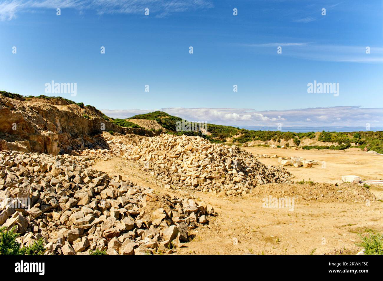 Hopeman Moray Coast Scotland piles of broken sandstone rocks in the ...